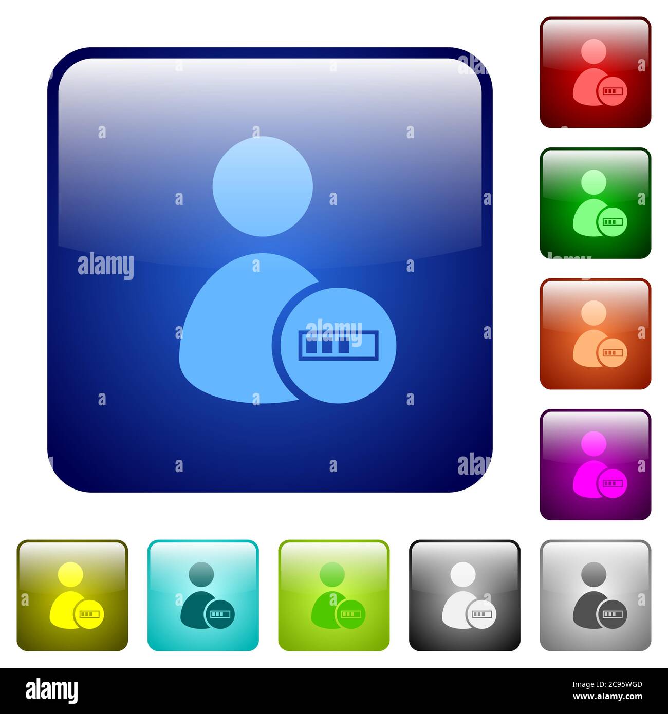 User account processing icons in rounded square color glossy button set ...
