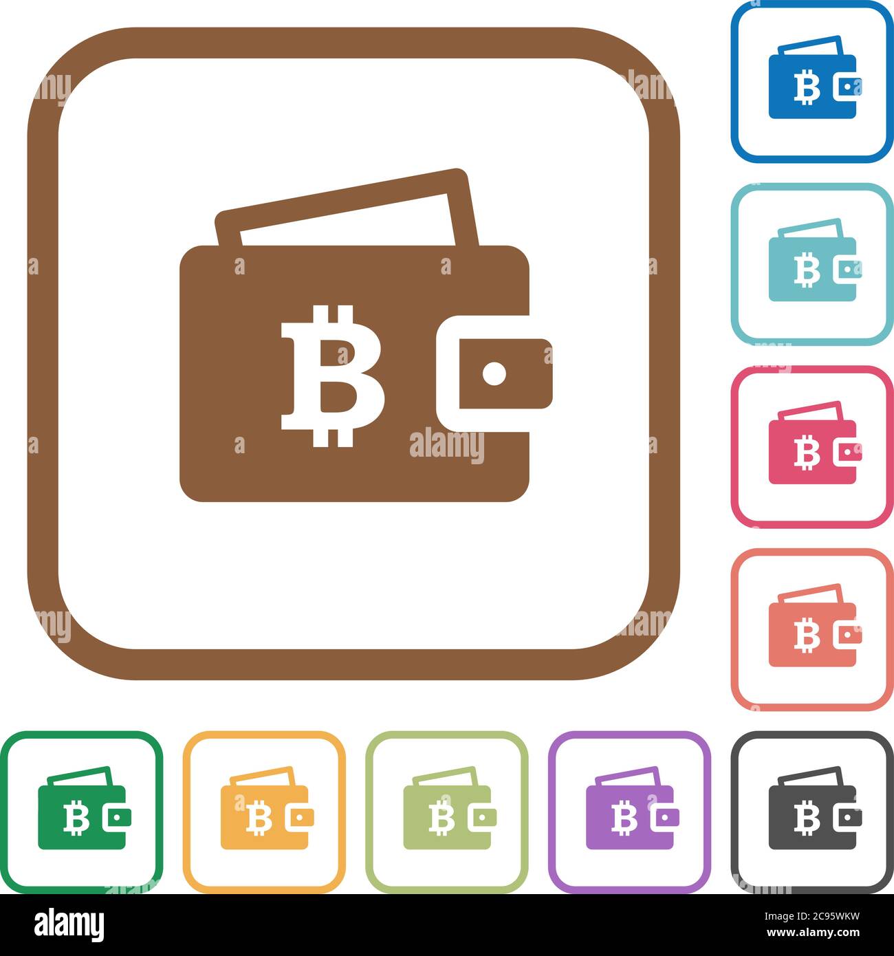 Bitcoin wallet simple icons in color rounded square frames on white ...