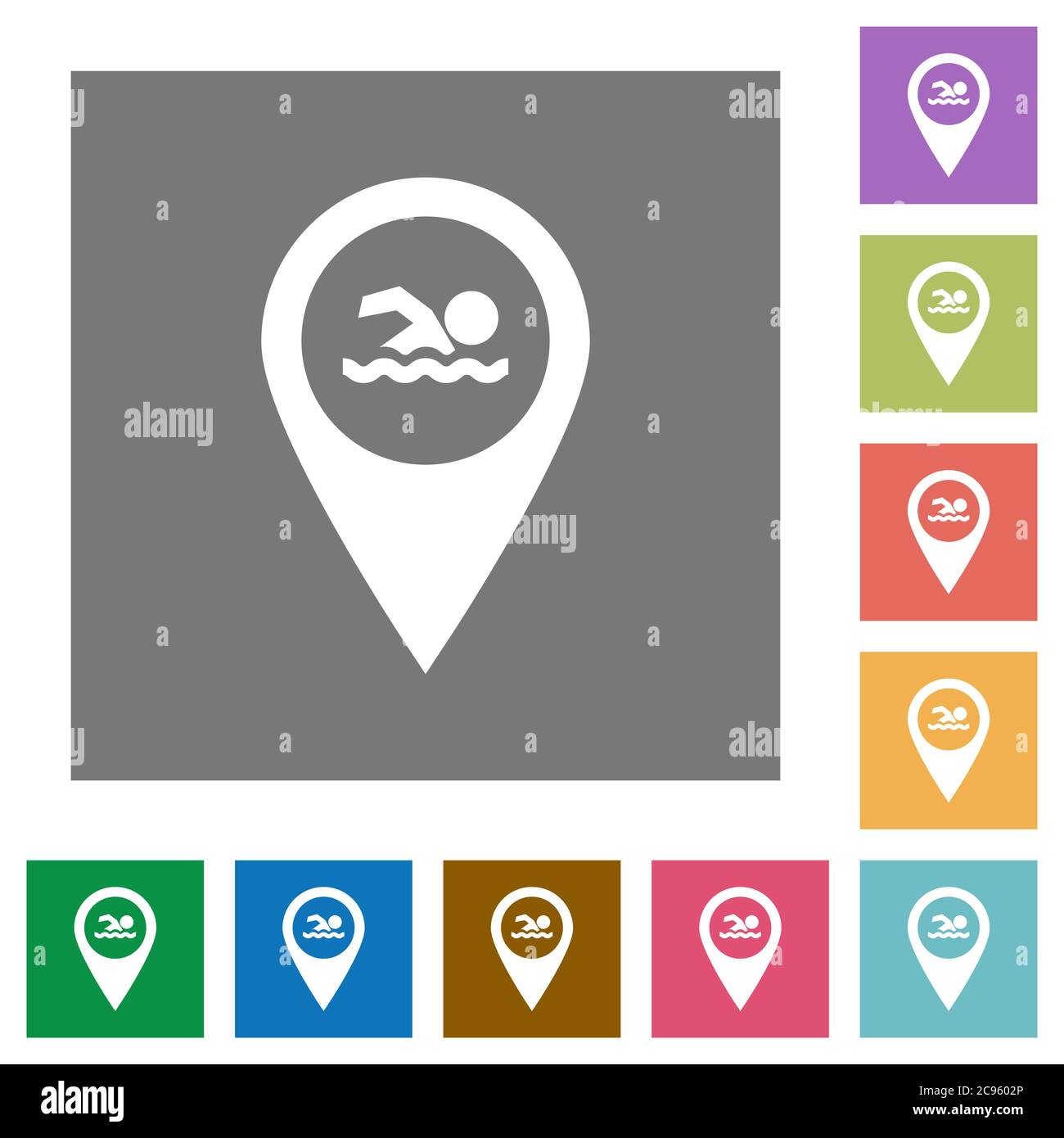 Swimming pool GPS map location flat icons on simple color square ...