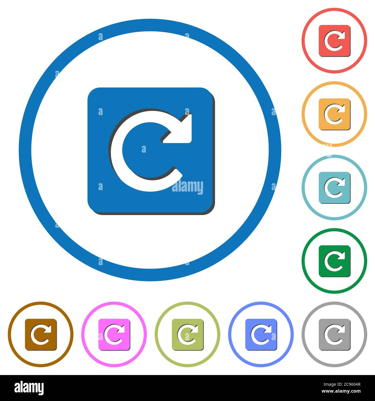 Rotate right flat color vector icons with shadows in round outlines on ...