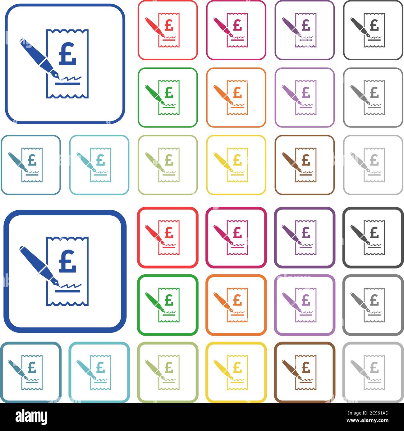 Signing Pound cheque color flat icons in rounded square frames. Thin ...