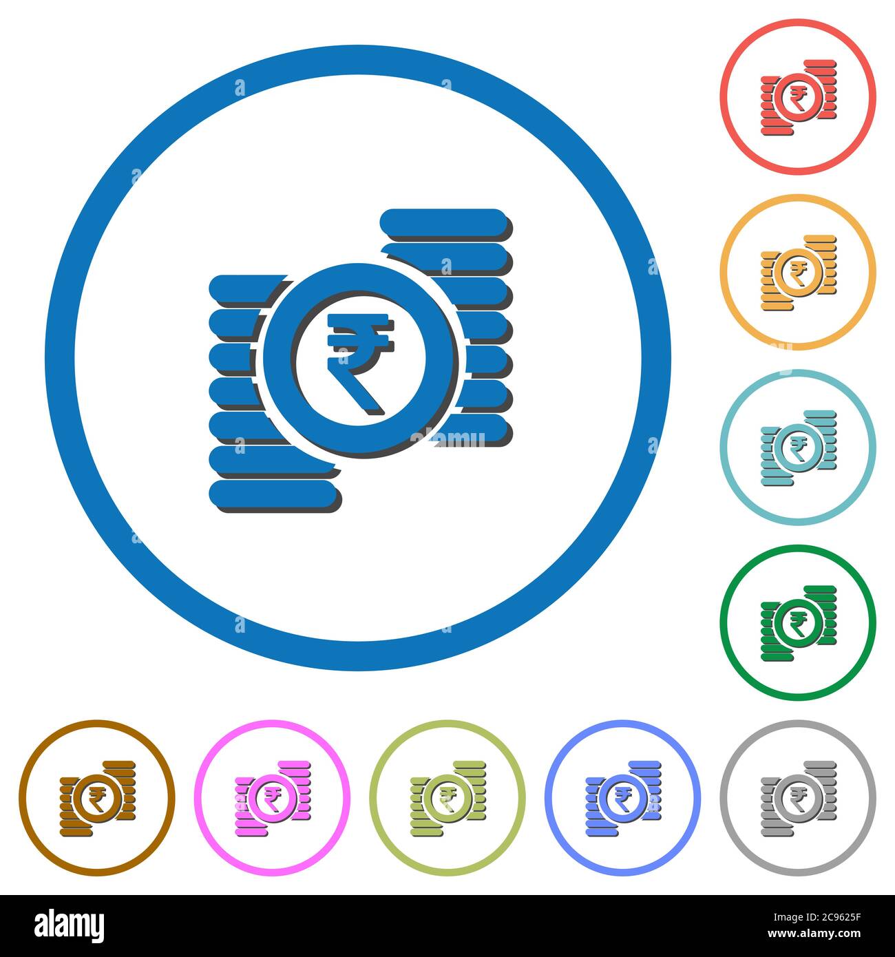 Indian Rupee coins flat color vector icons with shadows in round ...