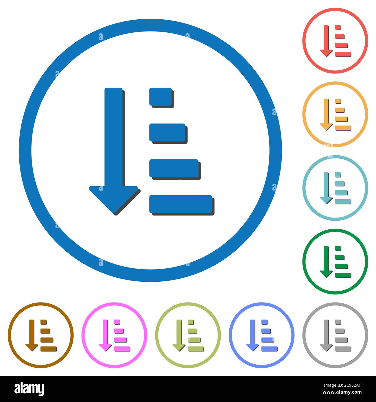 Ascending ordered list mode flat color vector icons with shadows in ...