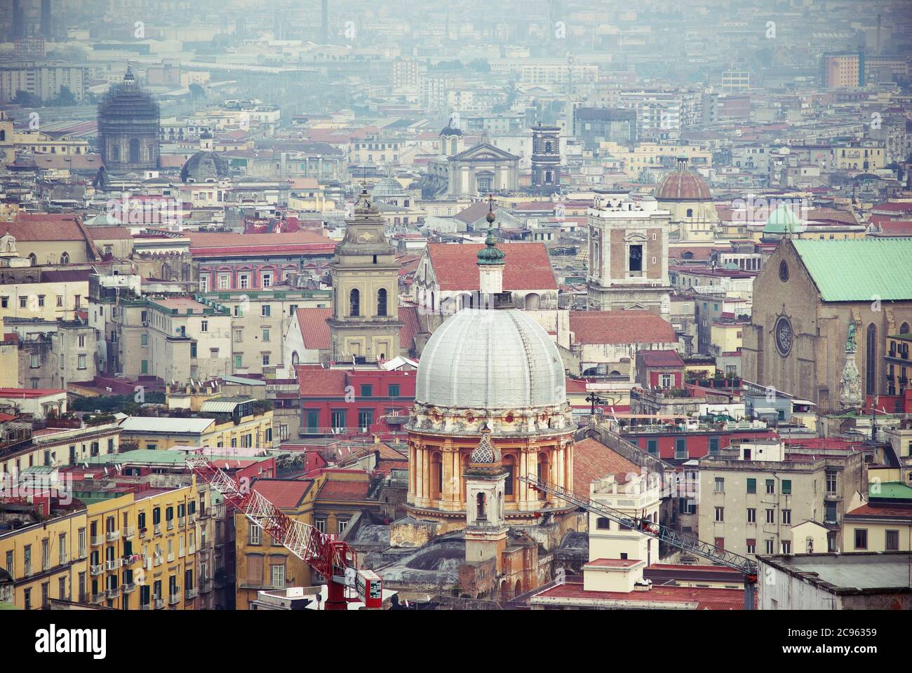 high view Naples architecture with dome and bell tower of many churches ...