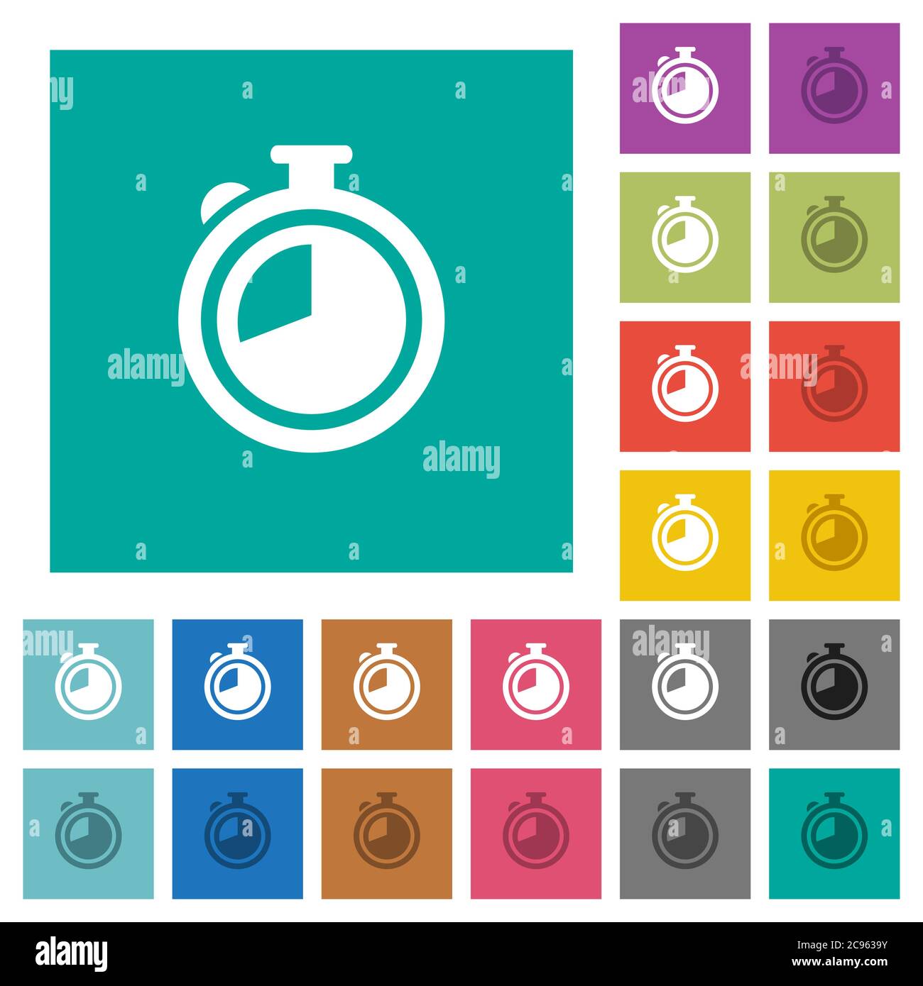 Timer multi colored flat icons on plain square backgrounds. Included ...