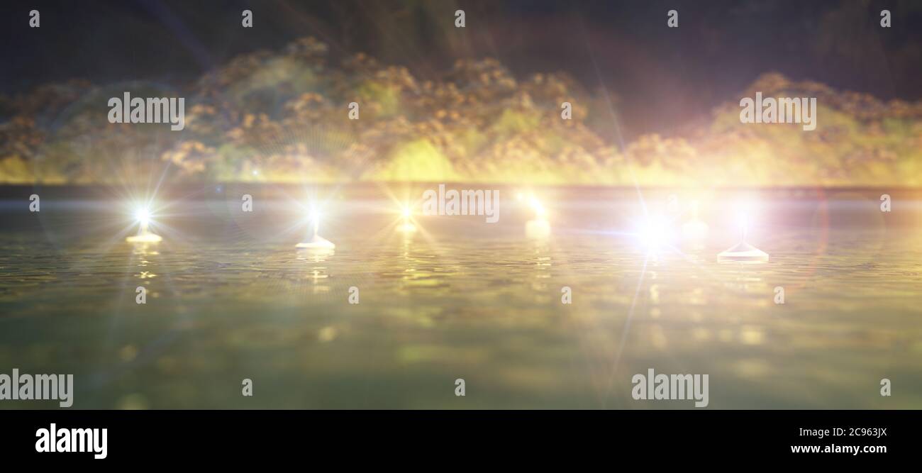 Abstract night background with candles in the water, 3d rendering ...