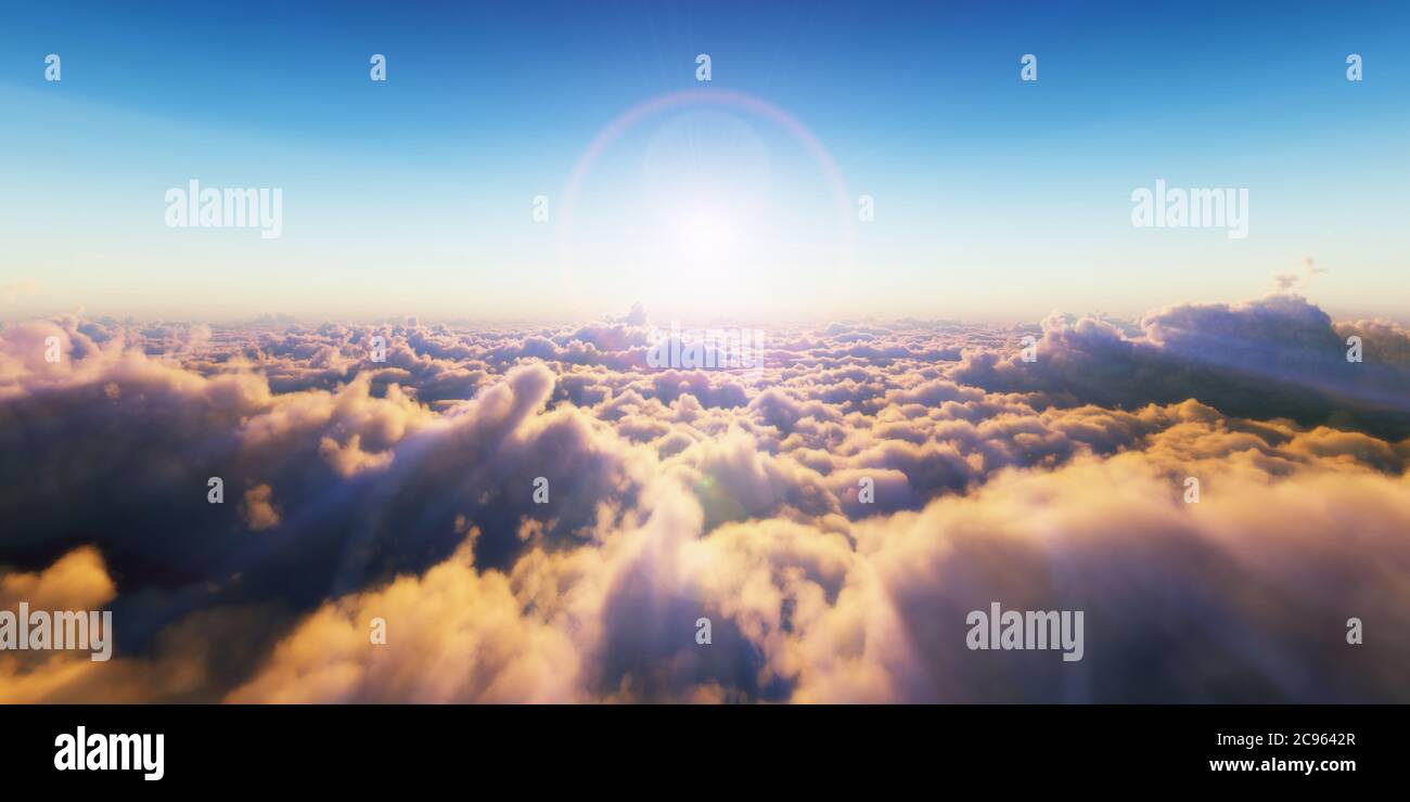 Beautiful aerial view above clouds with sunset. 3d illustration Stock ...