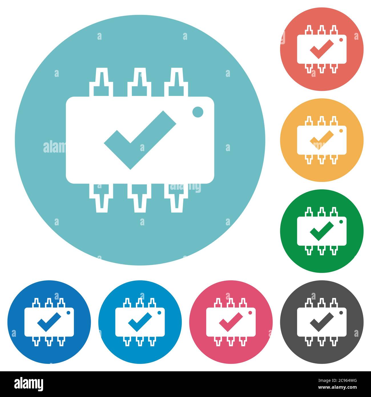 Hardware checked flat white icons on round color backgrounds Stock ...