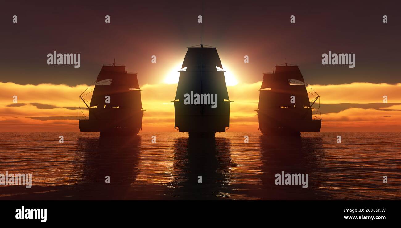 old three ships sunset at sea, 3d rendering illustration Stock Photo ...