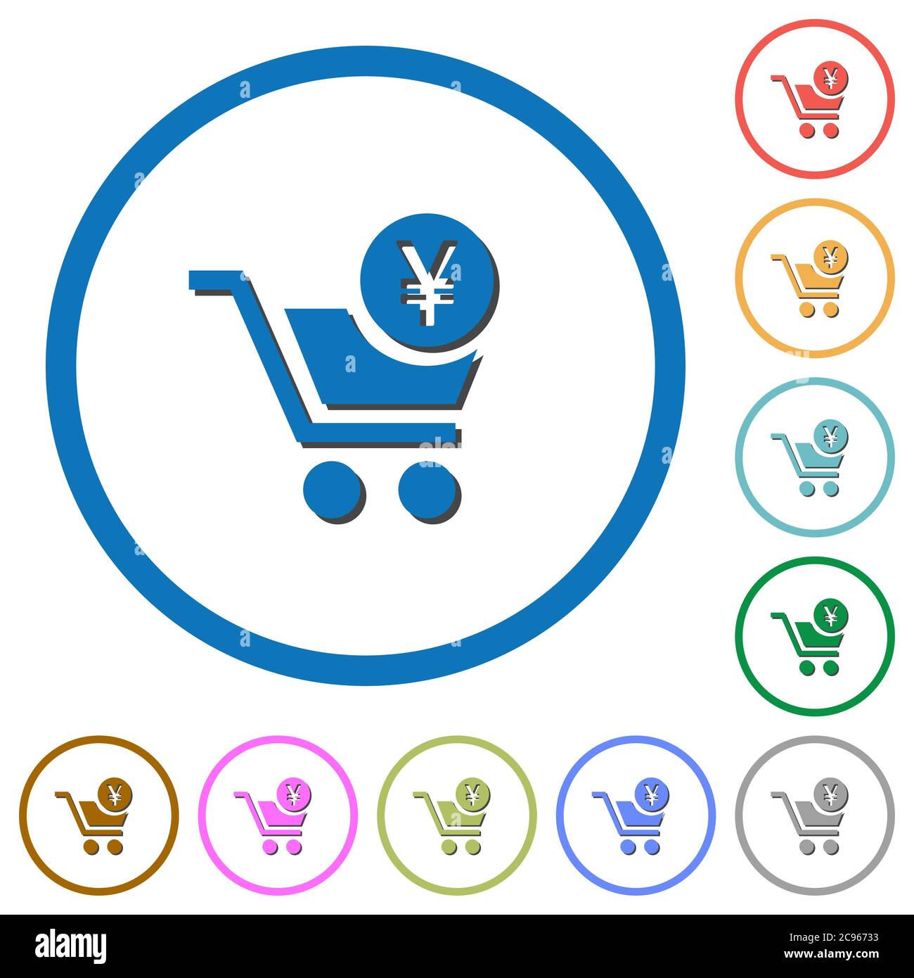Checkout with Yen cart flat color vector icons with shadows in round ...