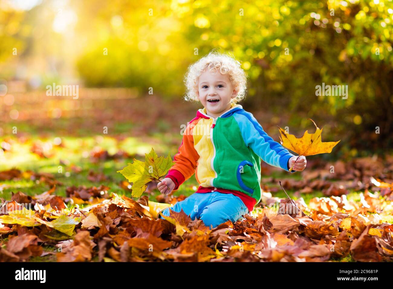 Kids play in autumn park. Children throwing yellow and red leaves ...