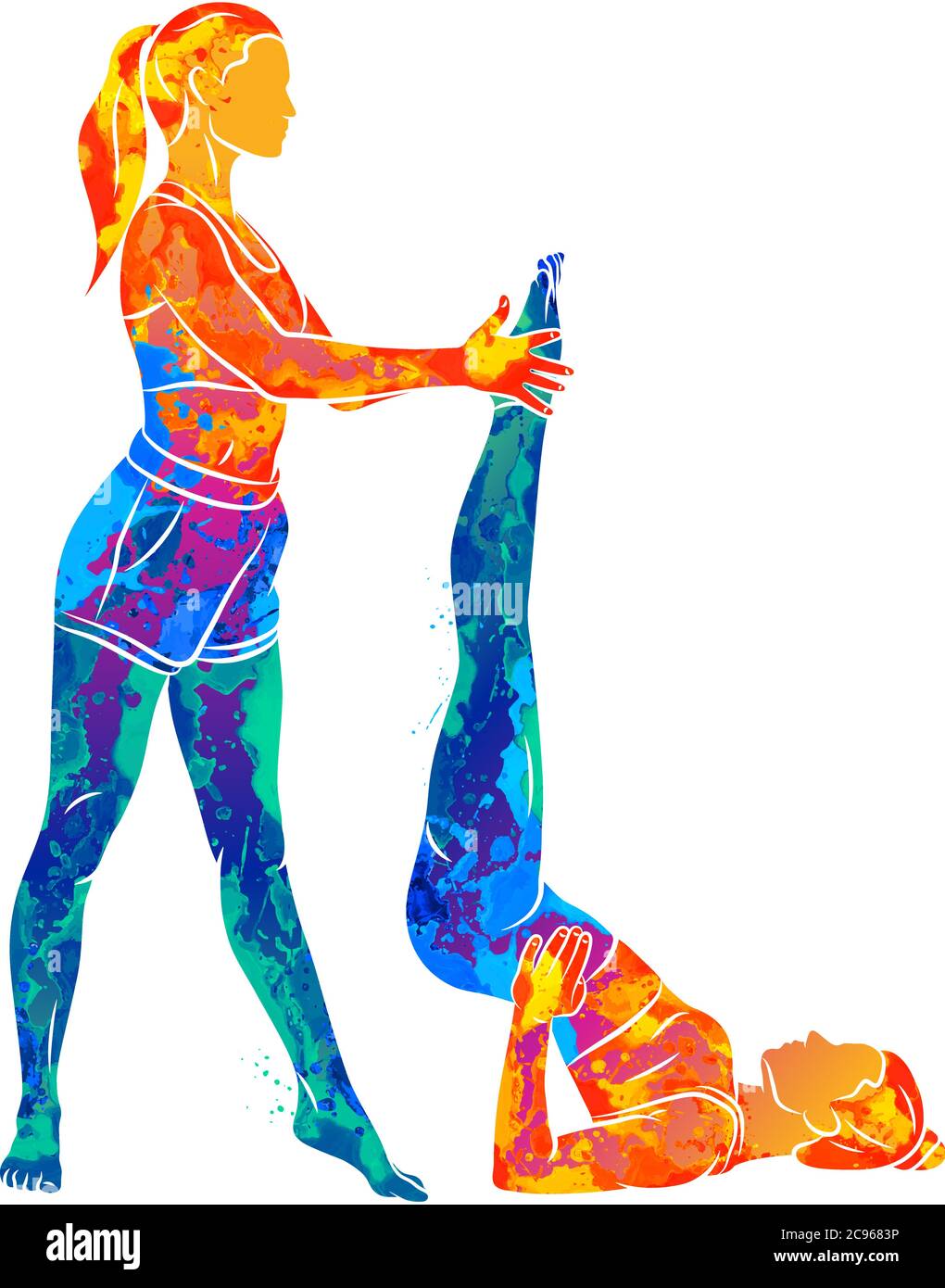 Abstract trainer helps a young woman to do yoga or Pilates, does ...