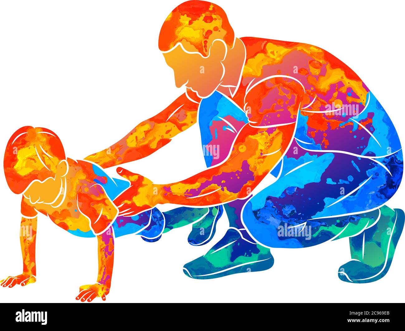 Abstract trainer helps a young boy do push-UPS from the floor. Physical ...