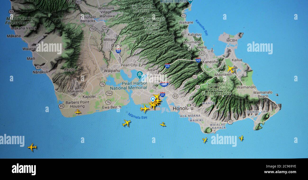 air traffic over Honolulu airport, Oahu, Hawaii, (29 july 2020, UTC 21. ...