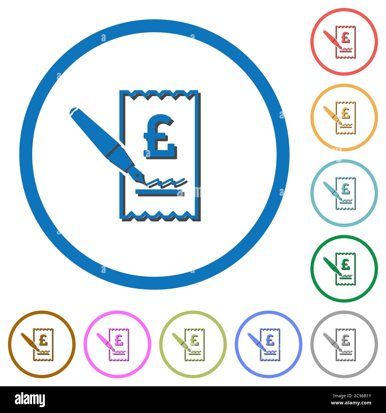Signing Pound cheque flat color vector icons with shadows in round ...
