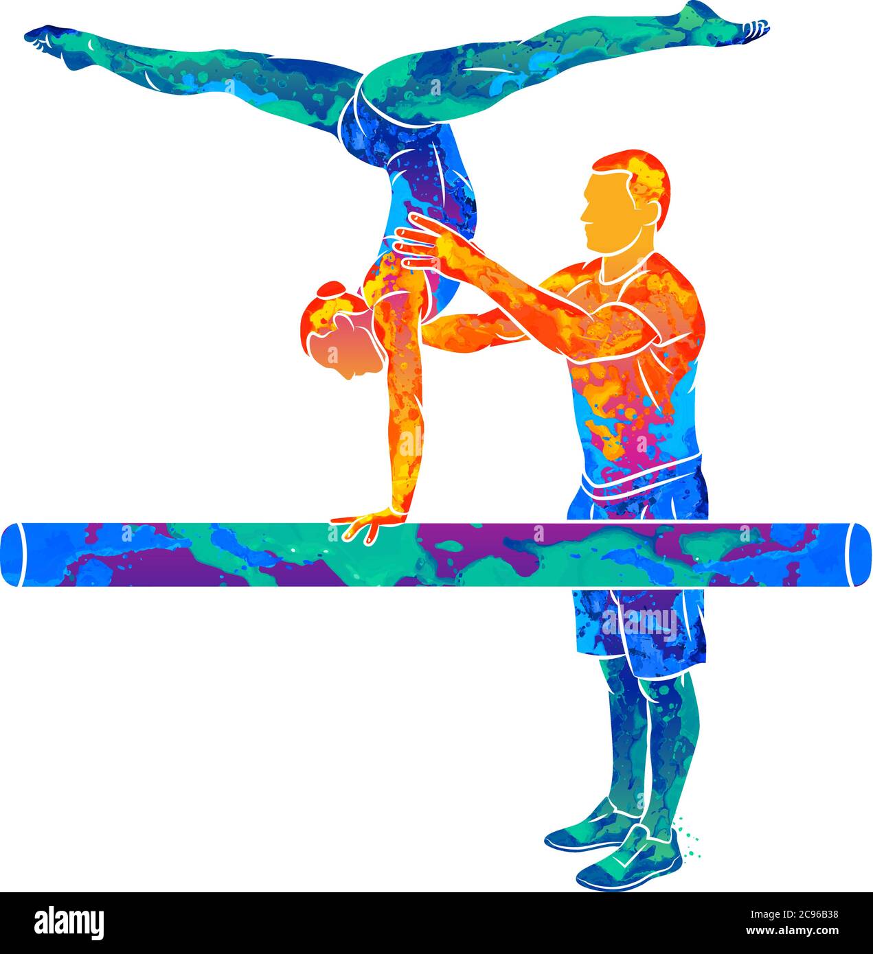 Abstract coach training young gymnast to balance on gymnastics beam ...
