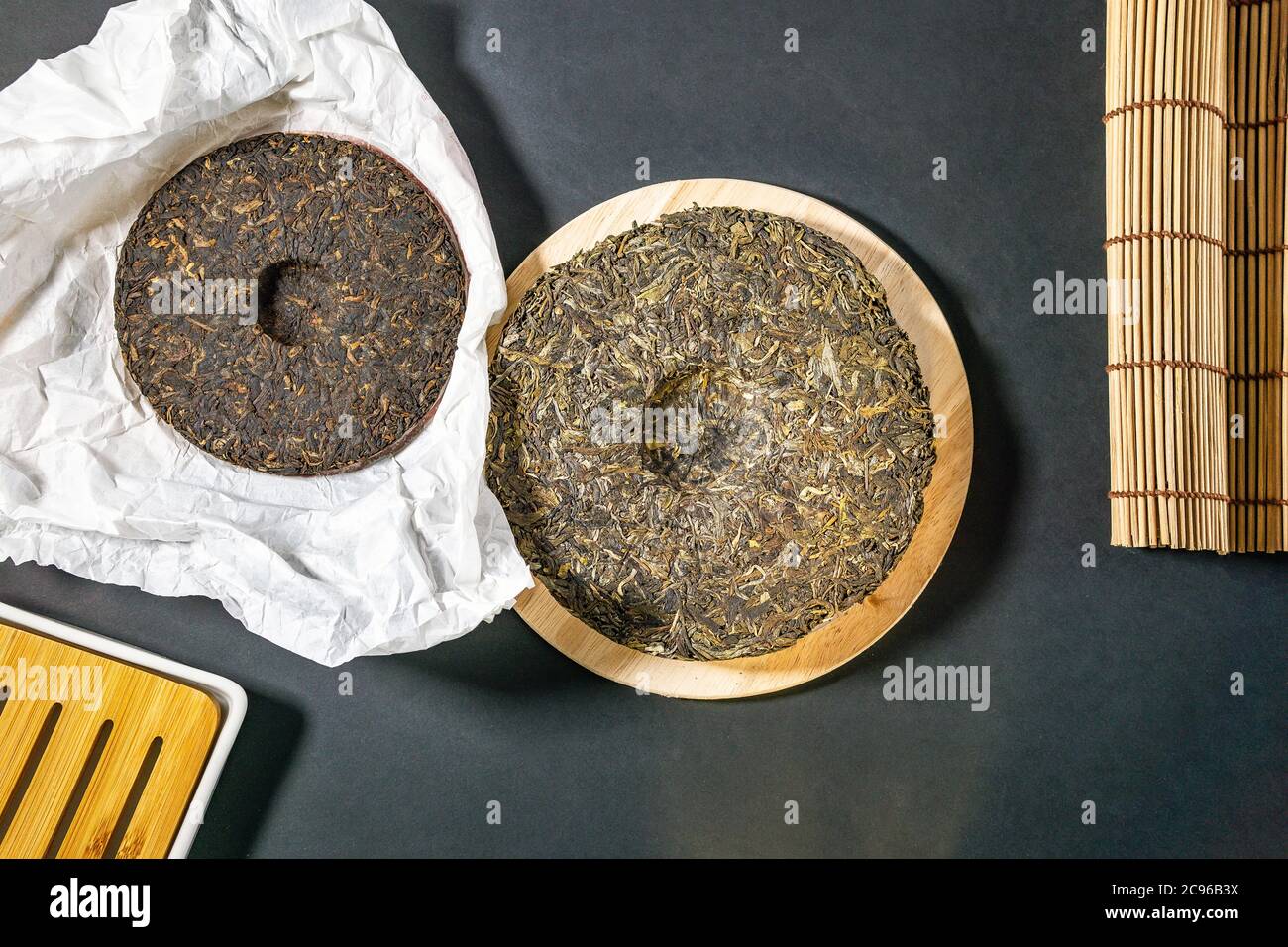 Chinese Tea Shu Shen Puer. Close-up. Pressed Tea. top view flat lay ...