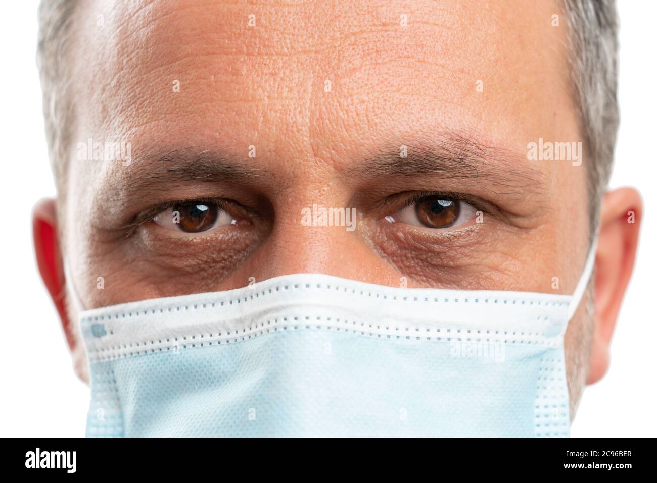 Man face wearing disposable surgical medical mask covering nose and ...