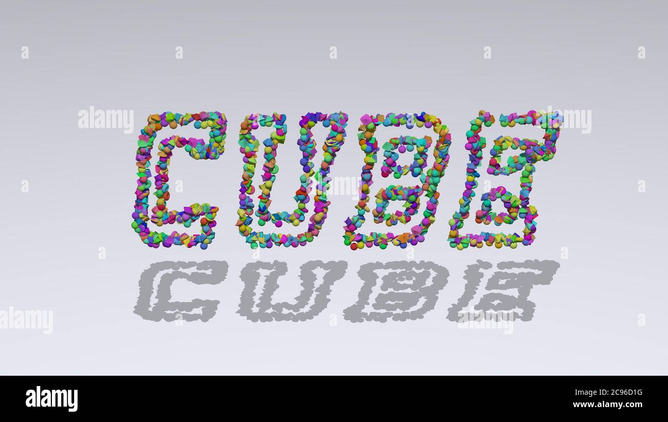 cube written in 3D illustration by colorful small objects casting ...