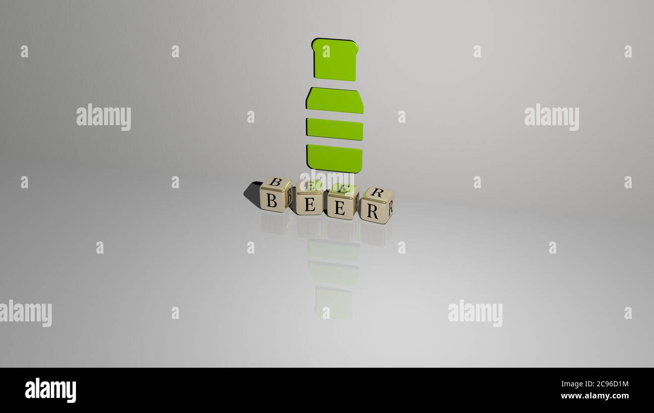 3D graphical image of BEER vertically along with text built by metallic ...