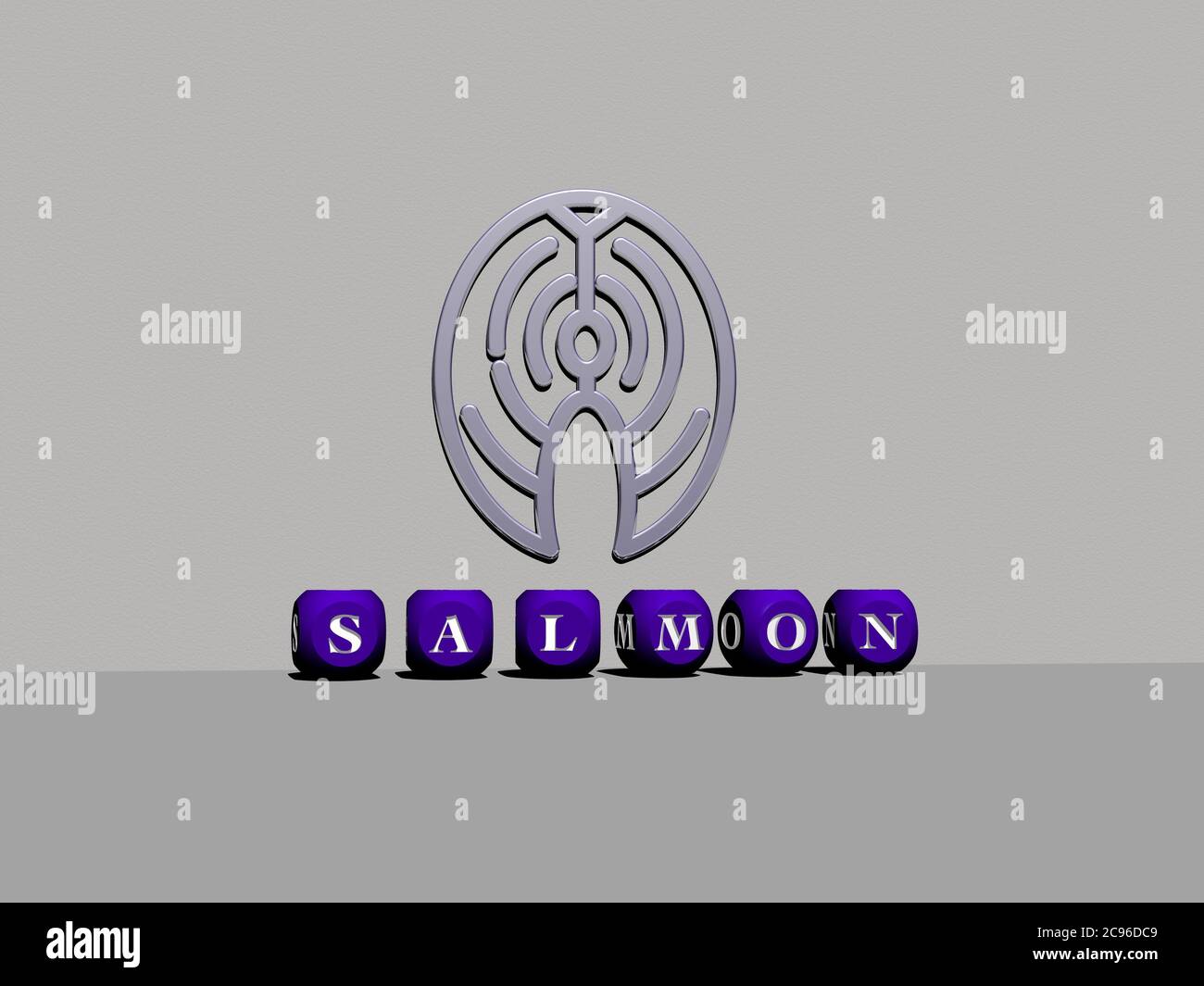 3D illustration of salmon graphics and text made by metallic dice ...