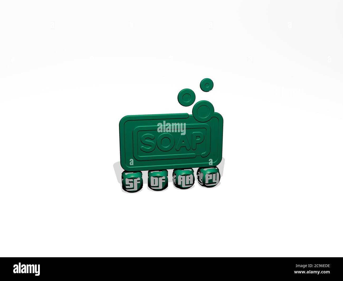 3D illustration of soap graphics and text made by metallic dice letters ...