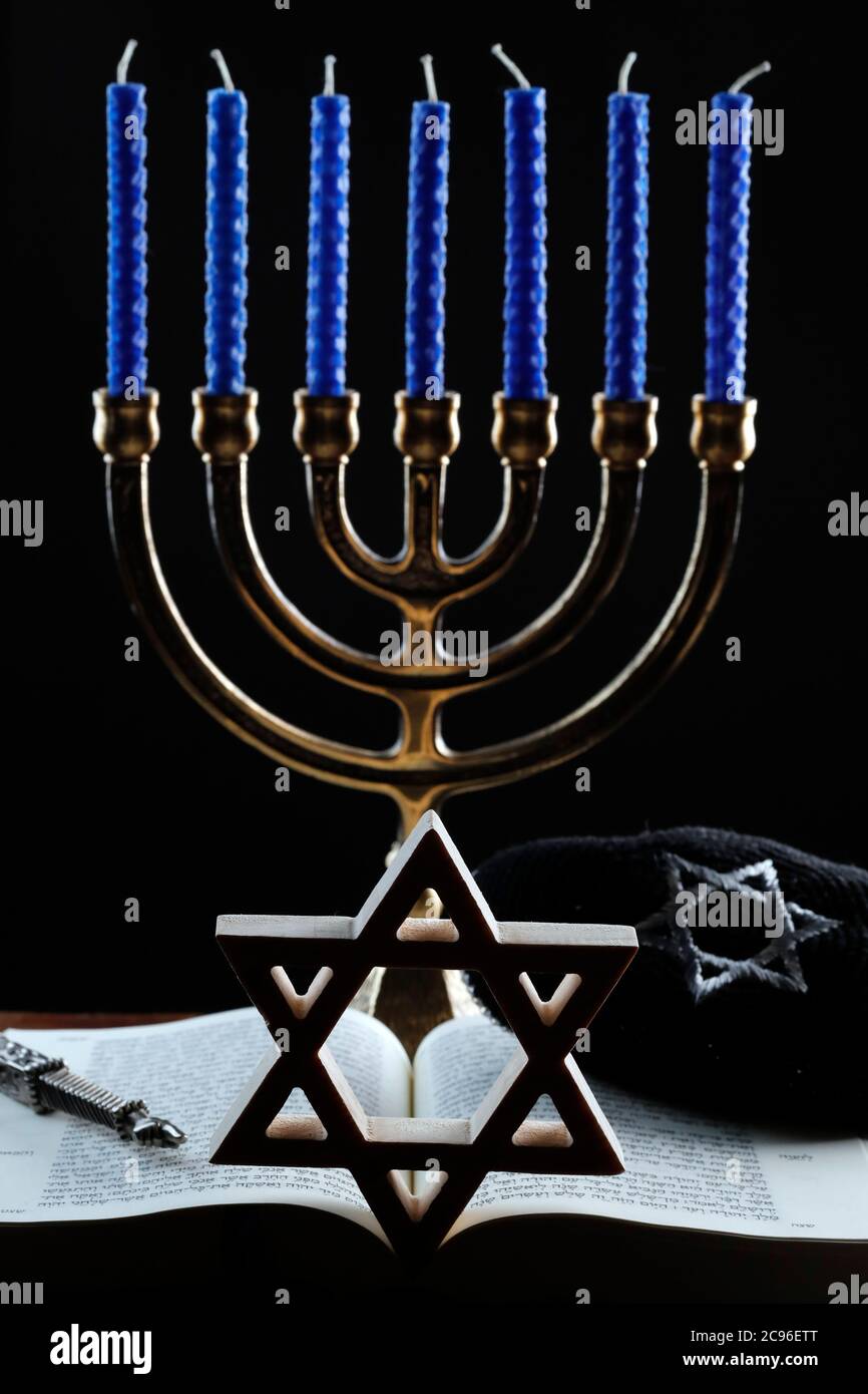 Open Torah, star of David, Kippah, Yad and the menorah or seven-lamp ...