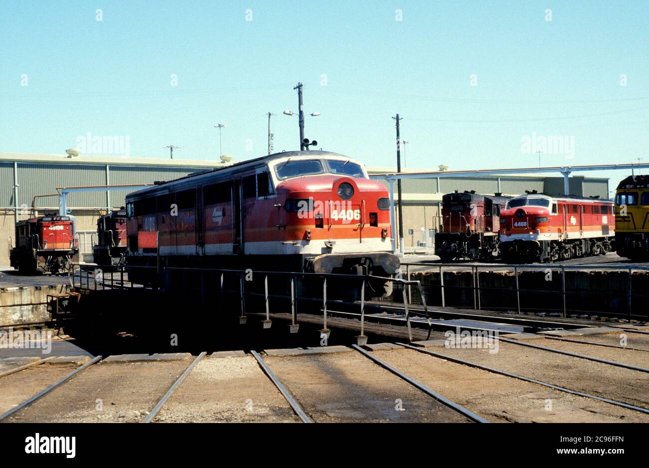 SRA 44 Class diesel locomotive No. 4406 on the turntable at Broadmeadow Depot, New South Wales ...