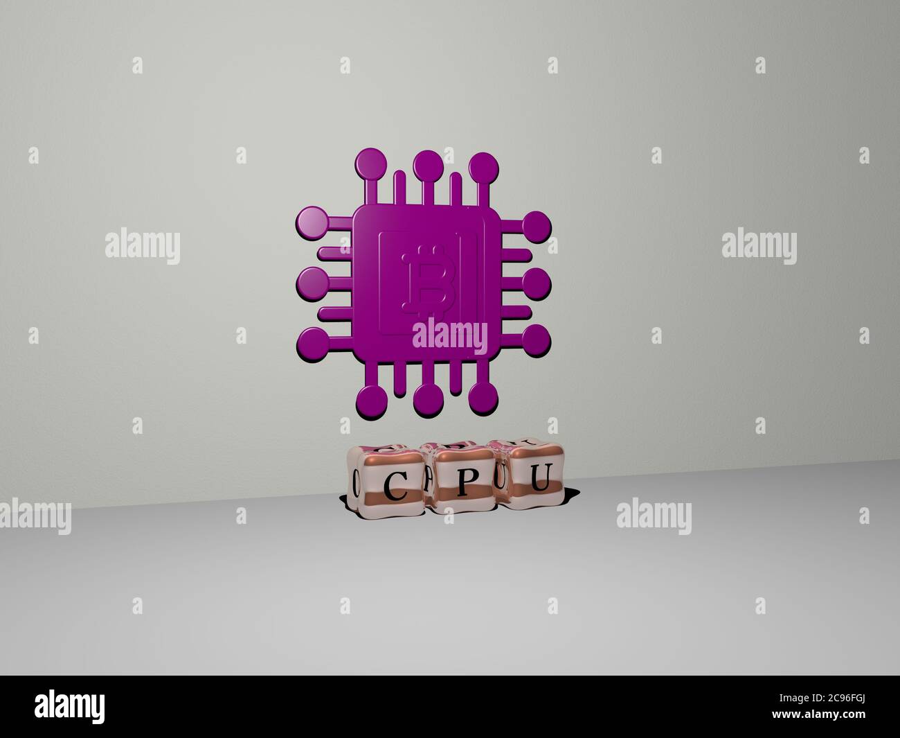 3D illustration of CPU graphics and text made by metallic dice letters ...