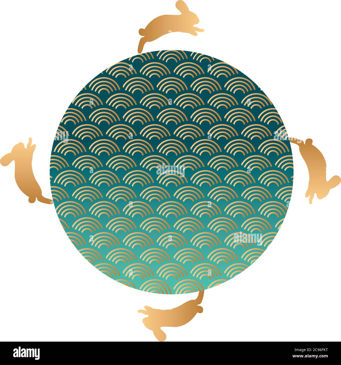 mid autumn festival with waves in circular frame and rabbits vector ...