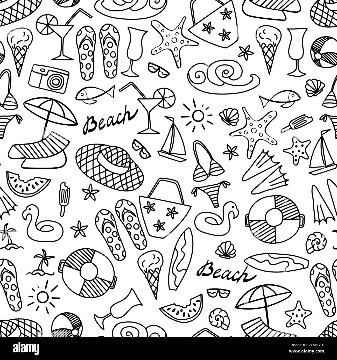Summer beach hand drawn seamless pattern. Vacation doodles on white ...
