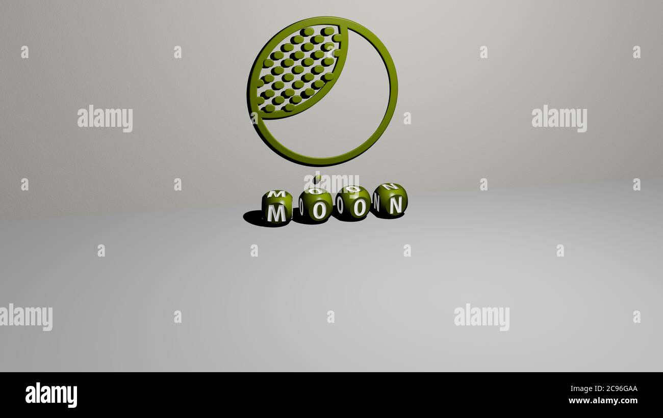 3D graphical image of MOON vertically along with text built by metallic ...