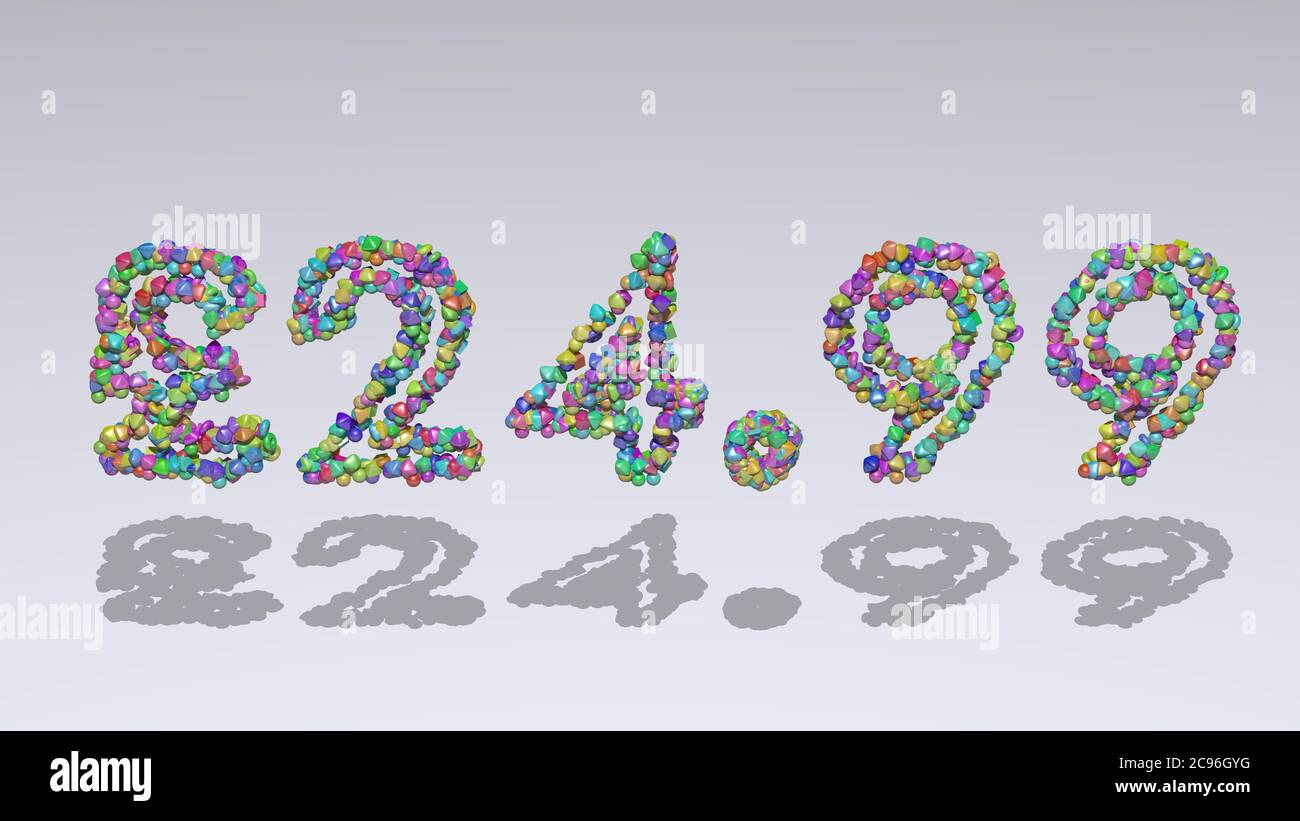 £24. written in 3D illustration by colorful small objects casting ...