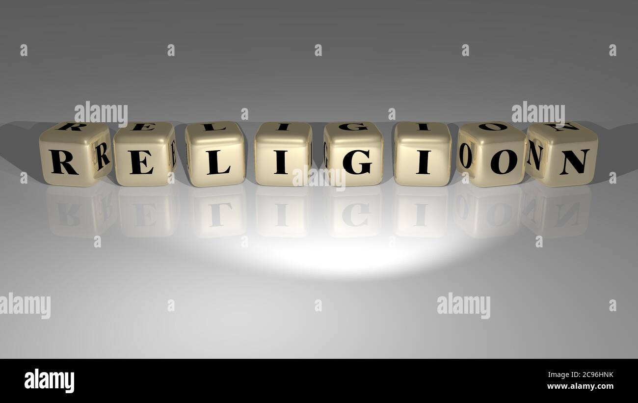 3D representation of RELIGION with icon on the wall and text arranged ...
