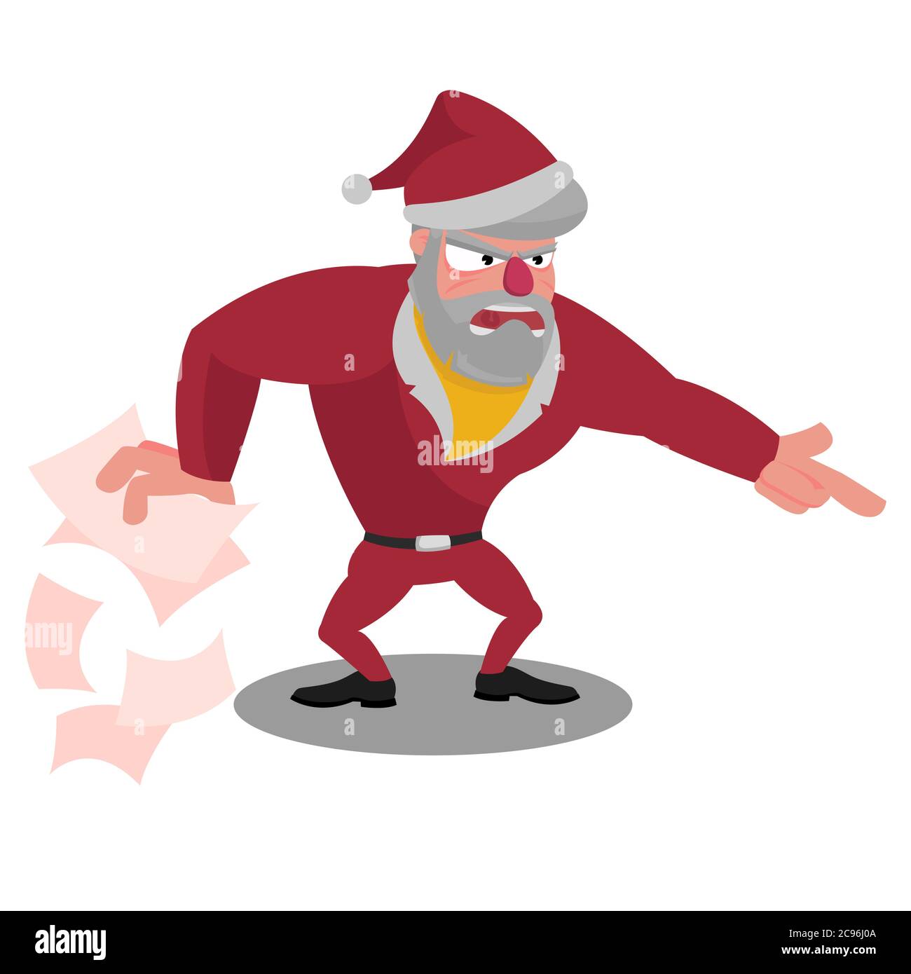 Angry Santa spreads the wrapping paper and points with his finger Stock ...