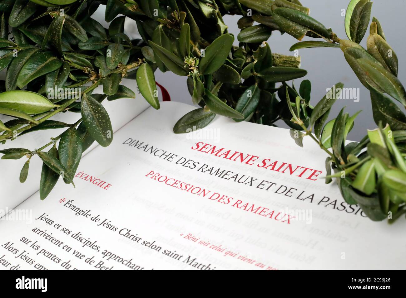 Lectionary and boxwood branch. Holy week and Palm Sunday celebration ...