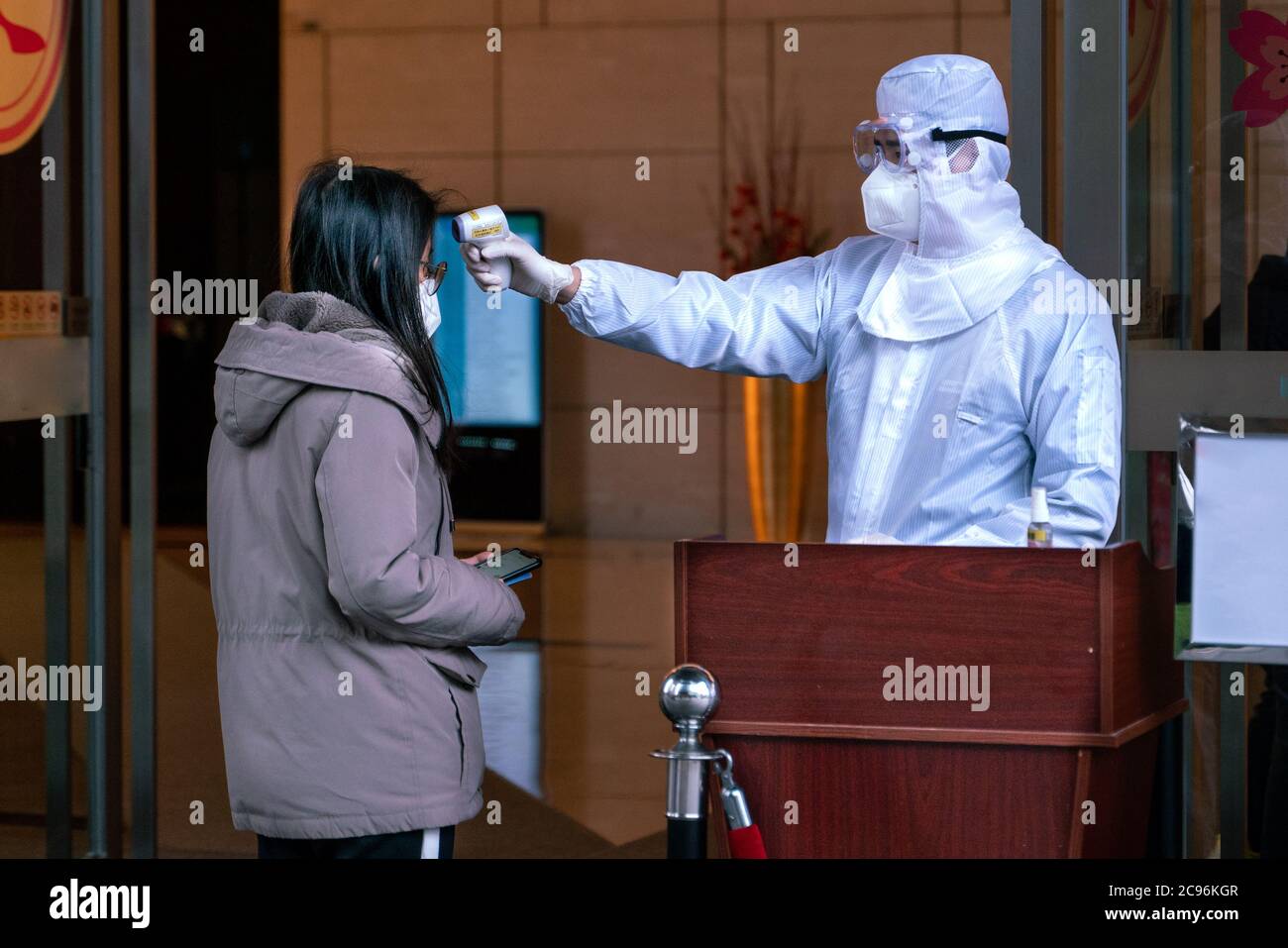 The body temperature check post on the entrance to business centre ...