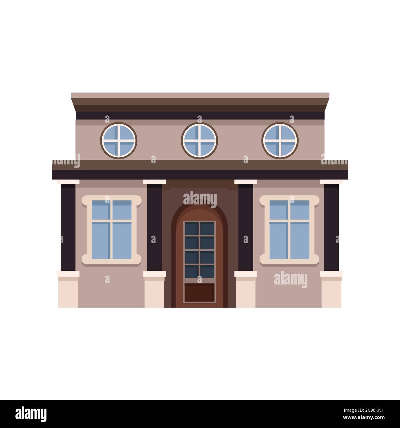 Facade of light gray building with round and rectangular windows Stock ...