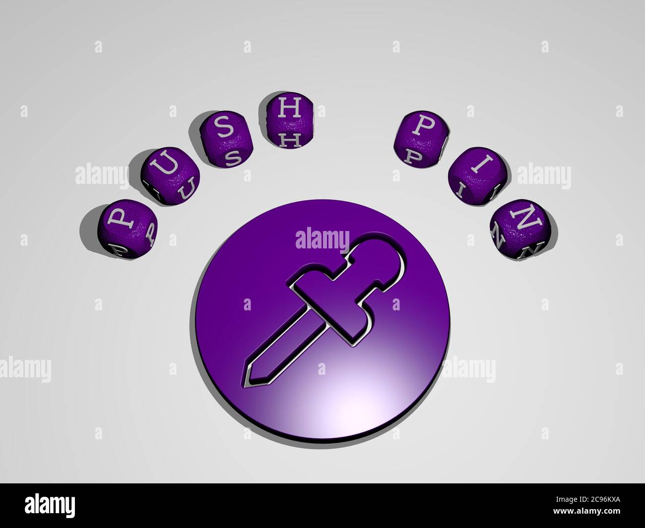 3D representation of PUSH PIN with icon on the wall and text arranged ...