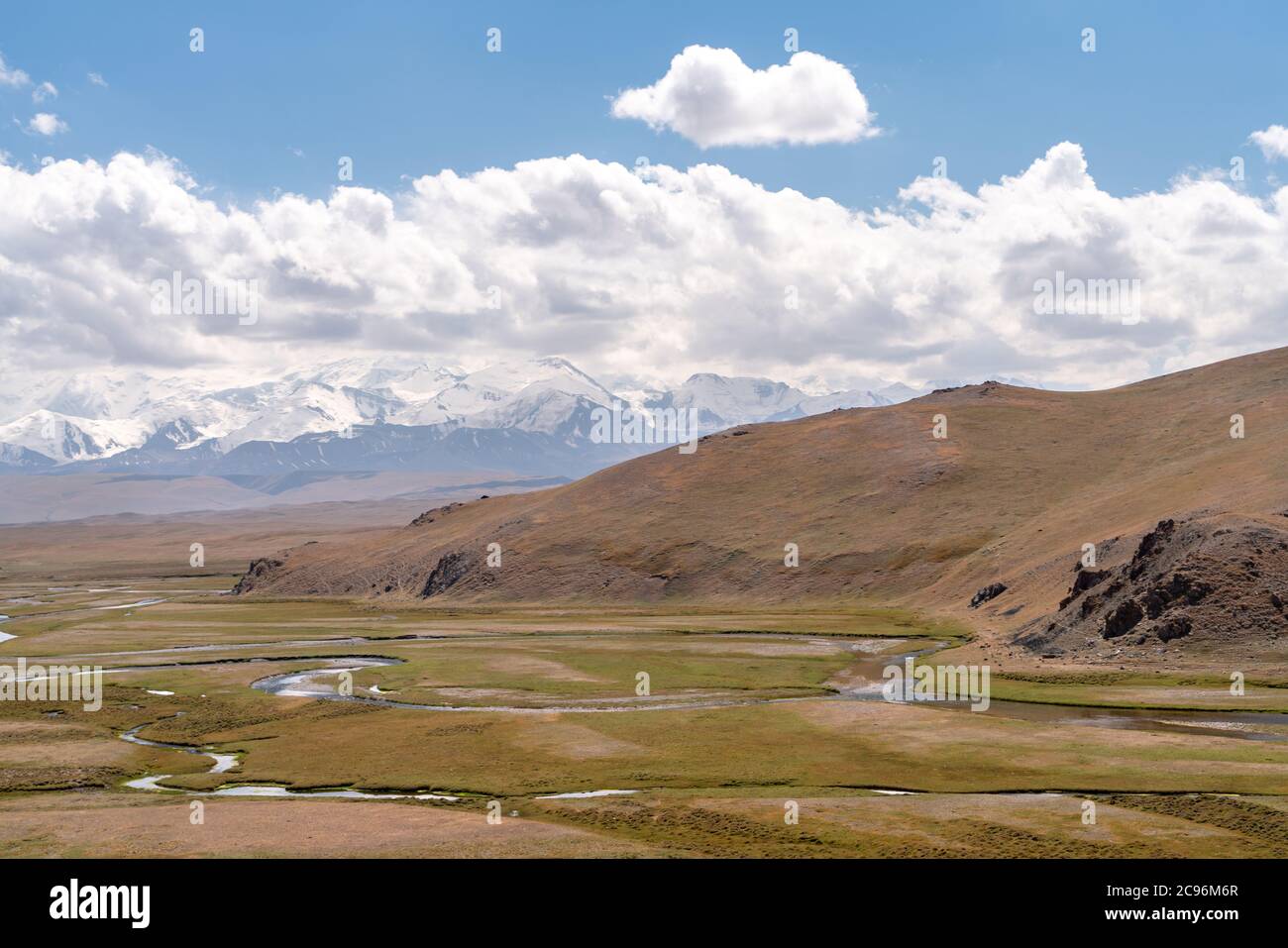 The amazing wild view of kyrgyzstan landscape full of snow peaks and ...