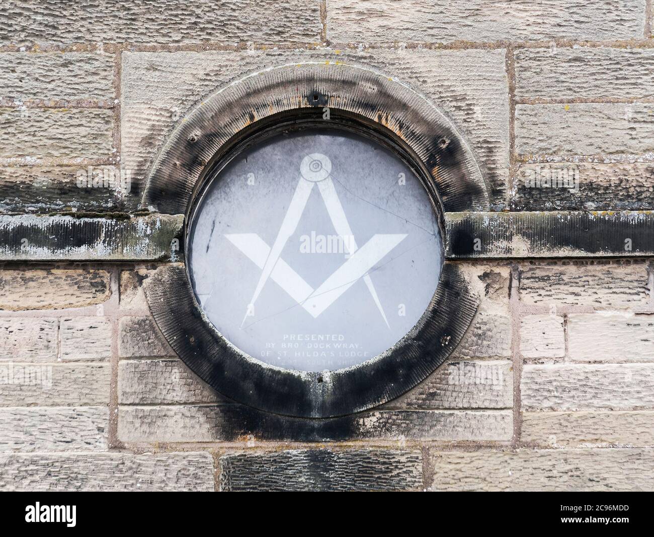 masonic square and compasses set in a window at Wooler, Northumberland ...