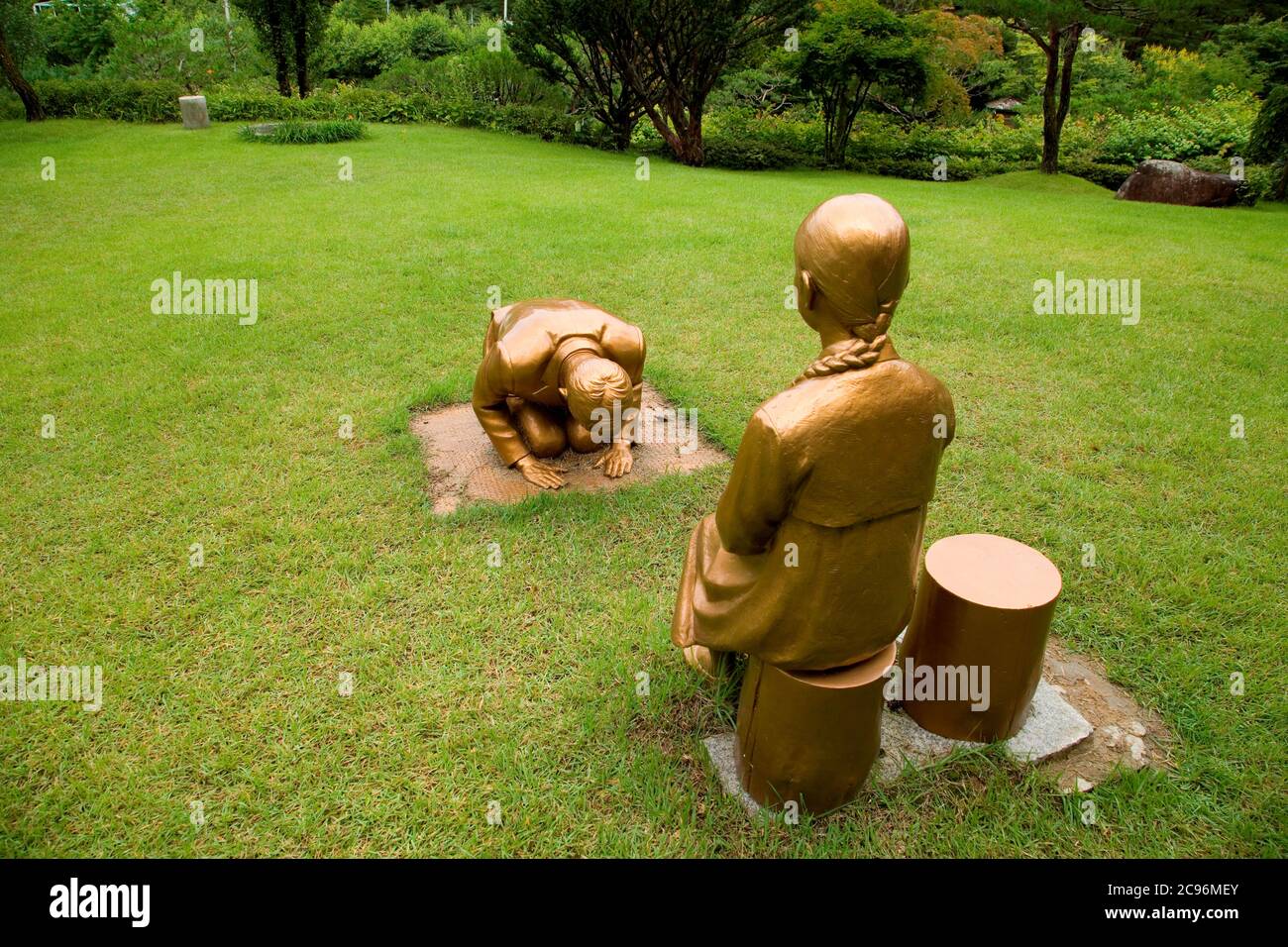Pyeongchang, South Korea. 29th July 2020. A pair of bronze statues of a ...
