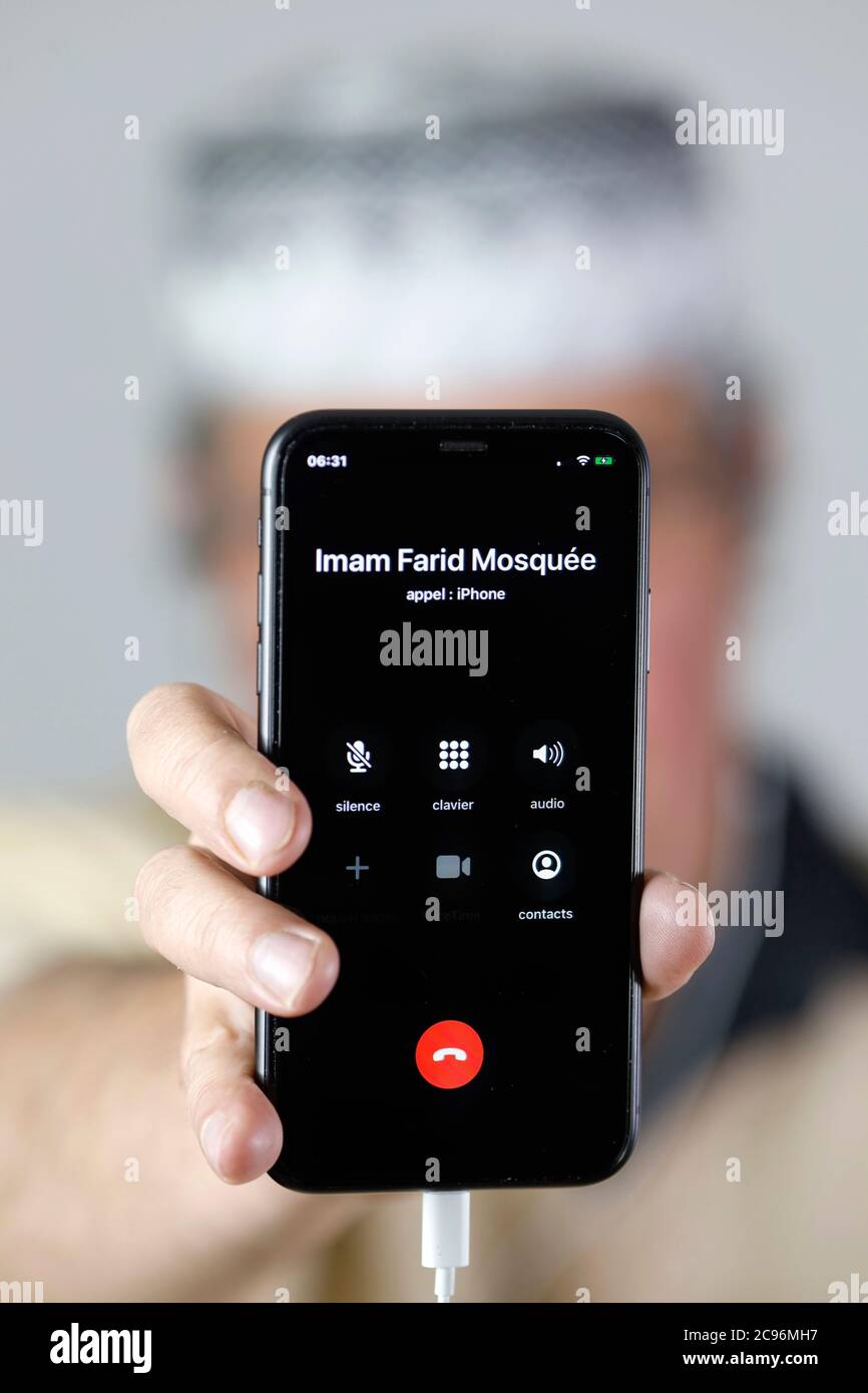 Image on a smartphone. Call to the Imam of the mosque. France Stock ...