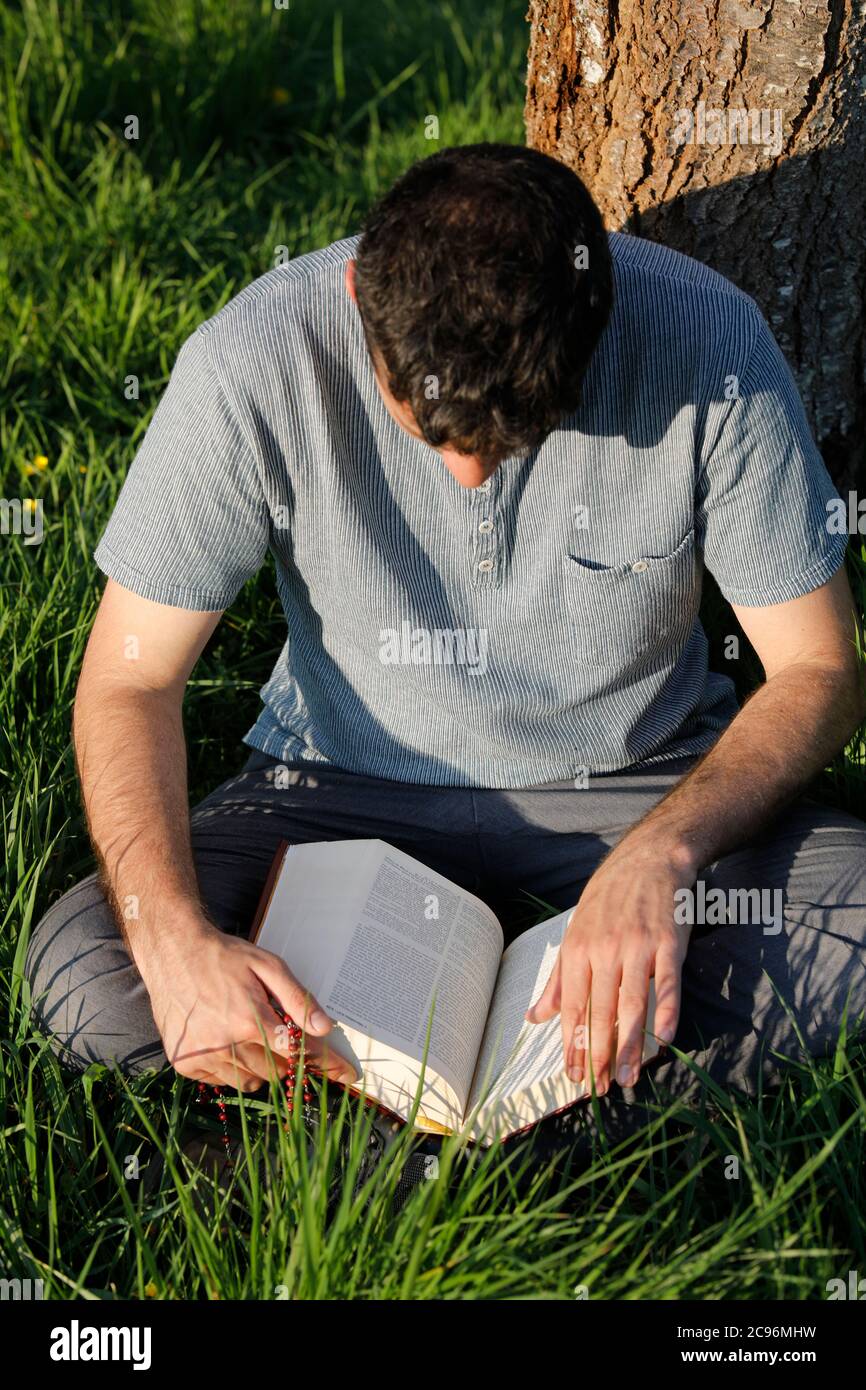 Young man reading the bible under a tree in Eure, France Stock Photo ...