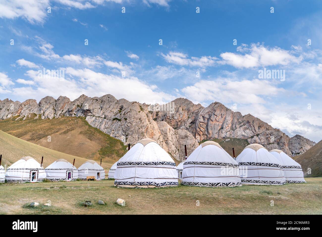 The view of yurts nomad village in Tash-Rabat in Kyrgyzstan Stock Photo ...