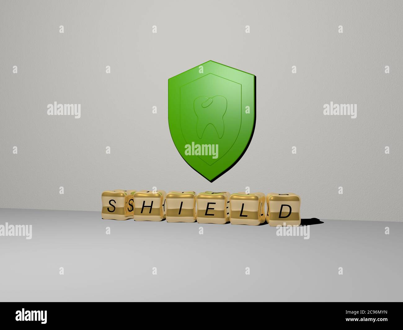 3D representation of shield with icon on the wall and text arranged by ...