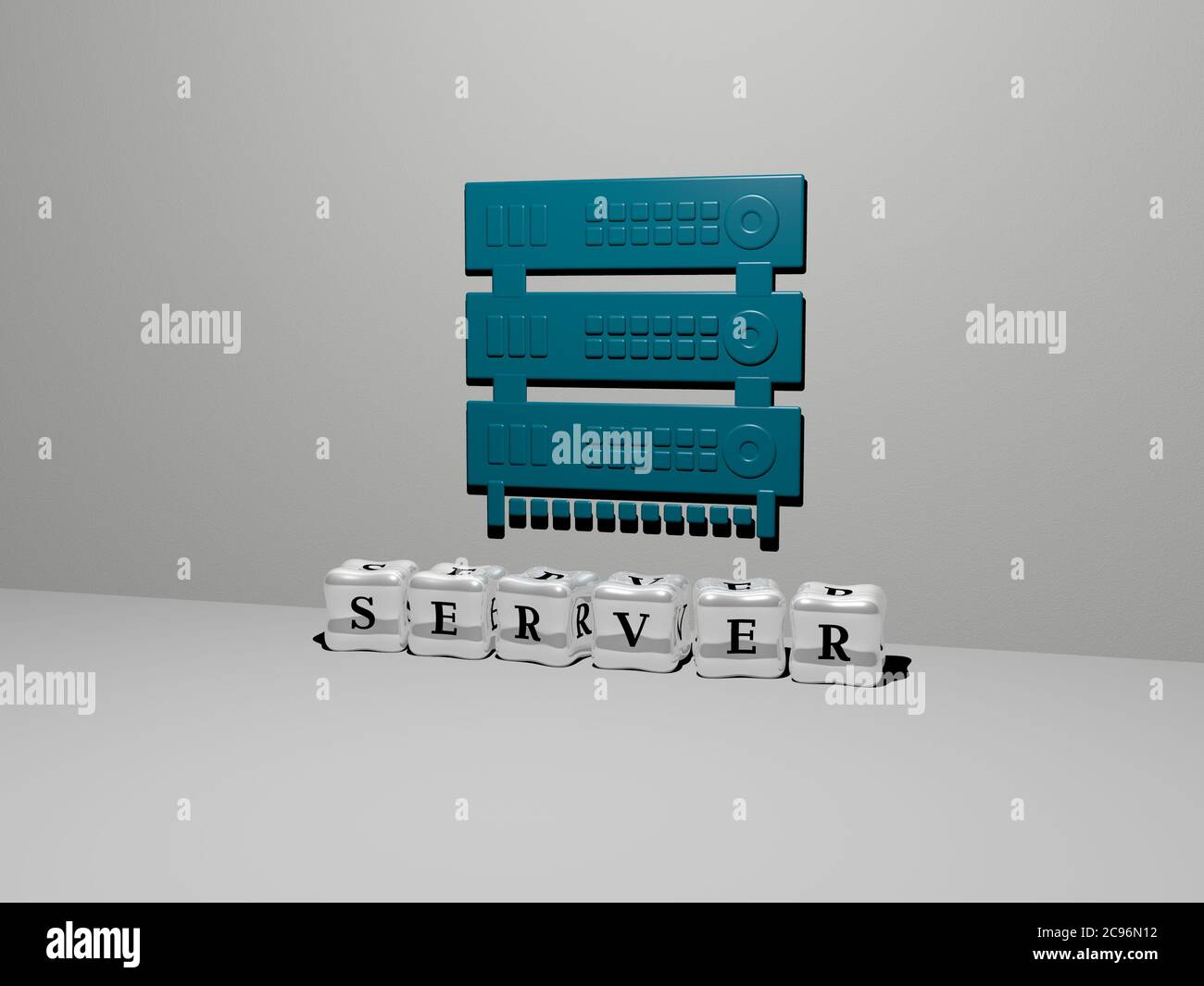 3D representation of server with icon on the wall and text arranged by ...