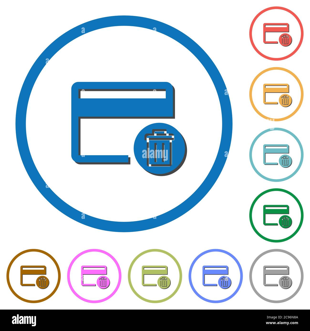 Delete credit card flat color vector icons with shadows in round ...