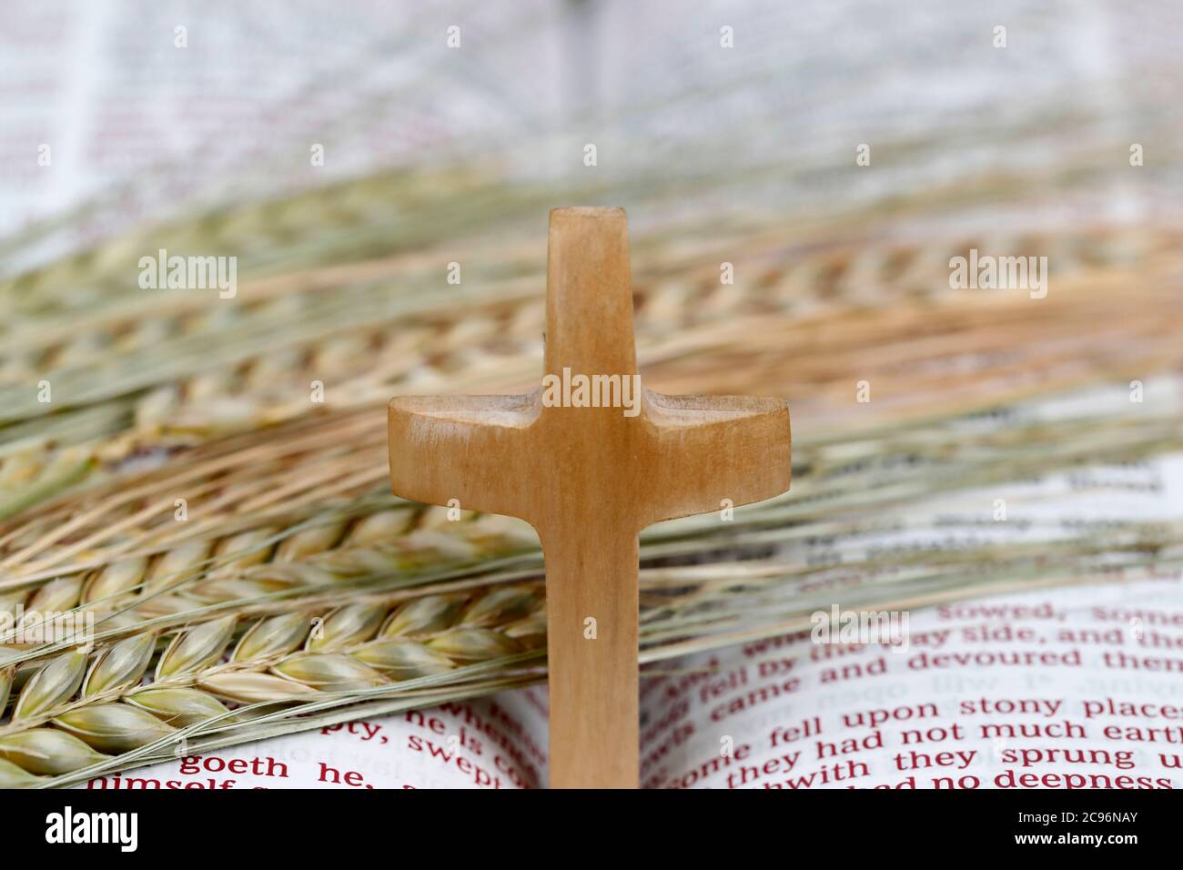 Christian cross, Bible and ears of wheat as a symbol of spiritual and ...