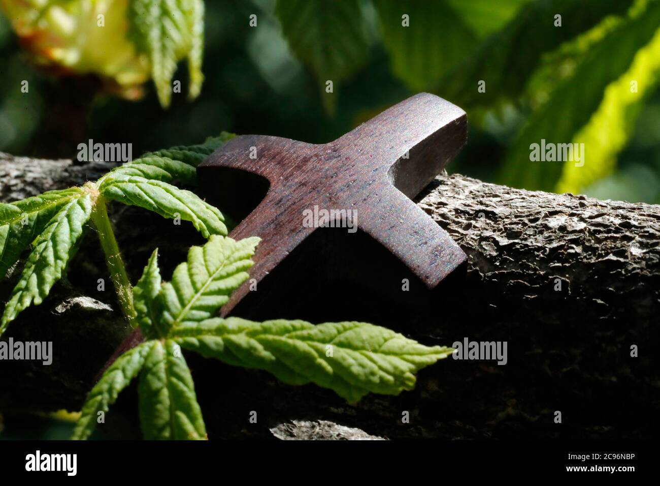 Wooden cross on a tree with a new green leave. France Stock Photo - Alamy